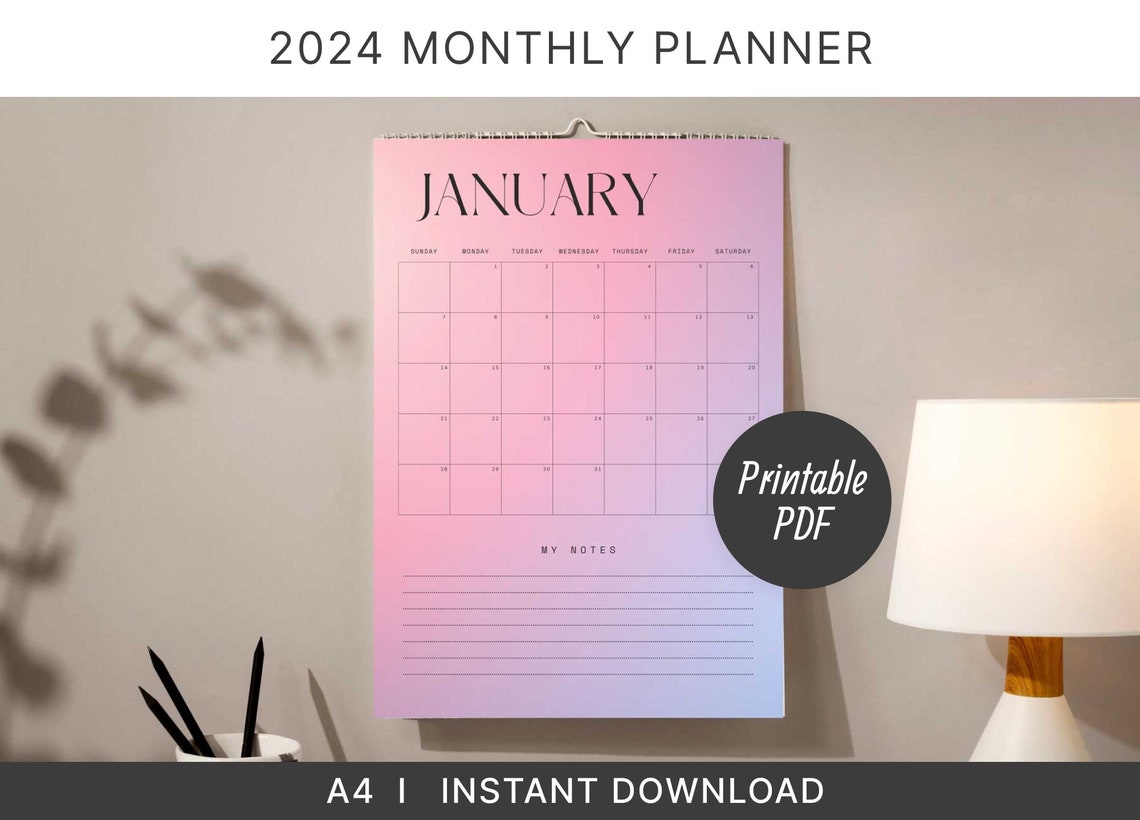 Printable Calendar 2024 Monthly Planner 2024 A4 Portrait Sunday Start ...