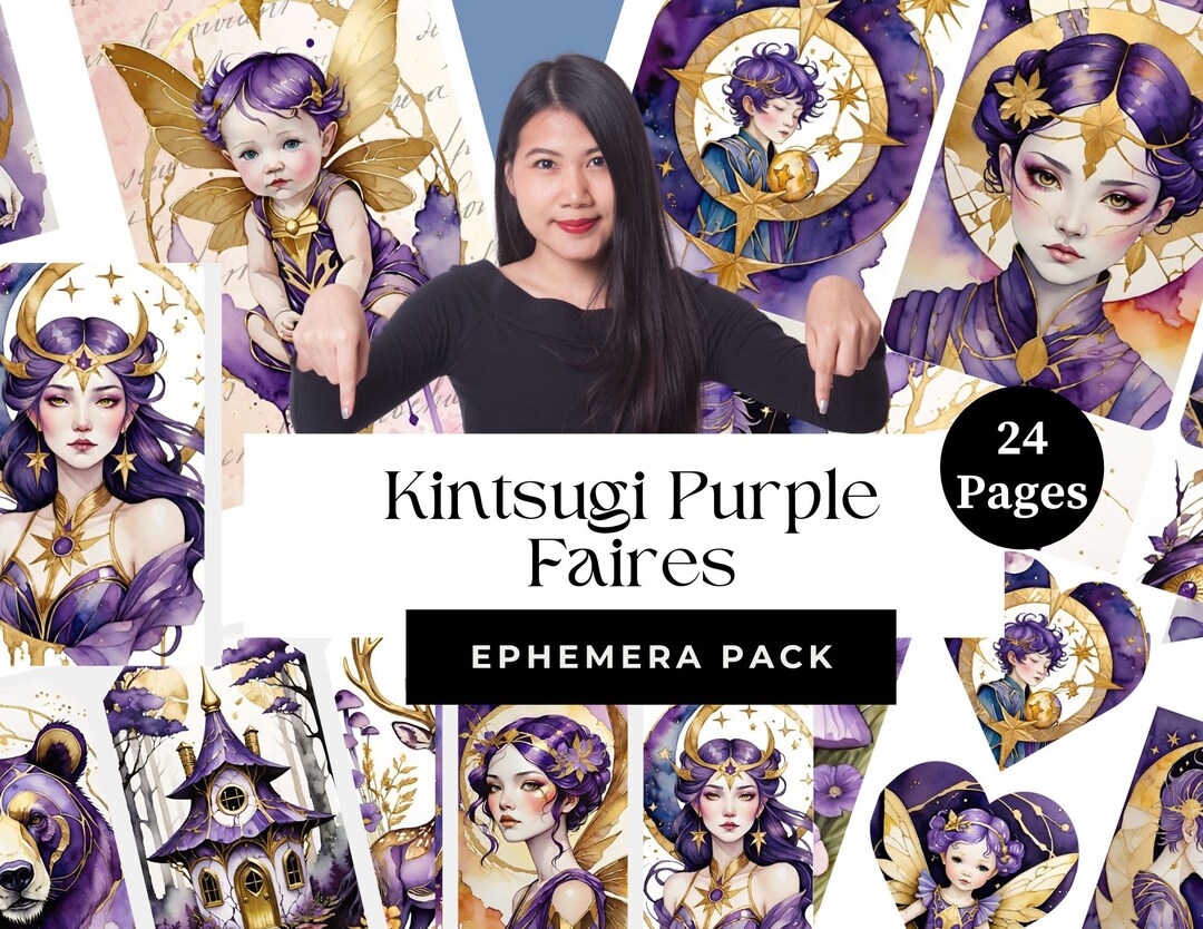 Kintsugi Fairies Digital Ephemera Collection, Purple and Gold ...