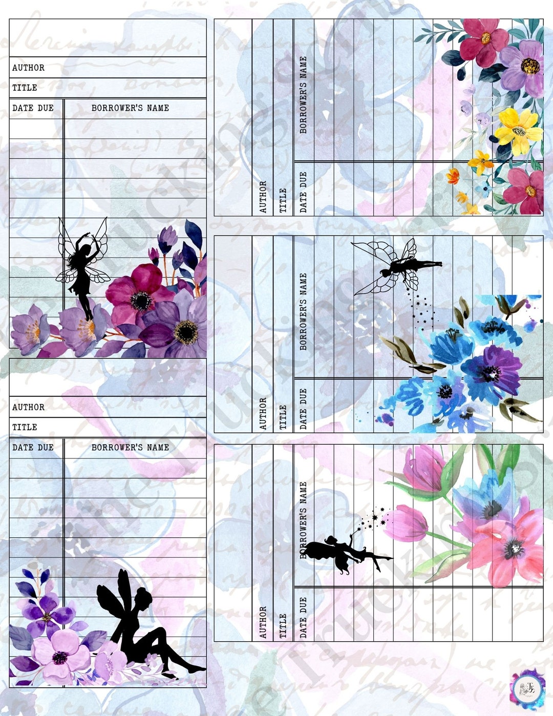Fairy and Flowers Library Cards Digital Download, Bookmark, Fairies in ...