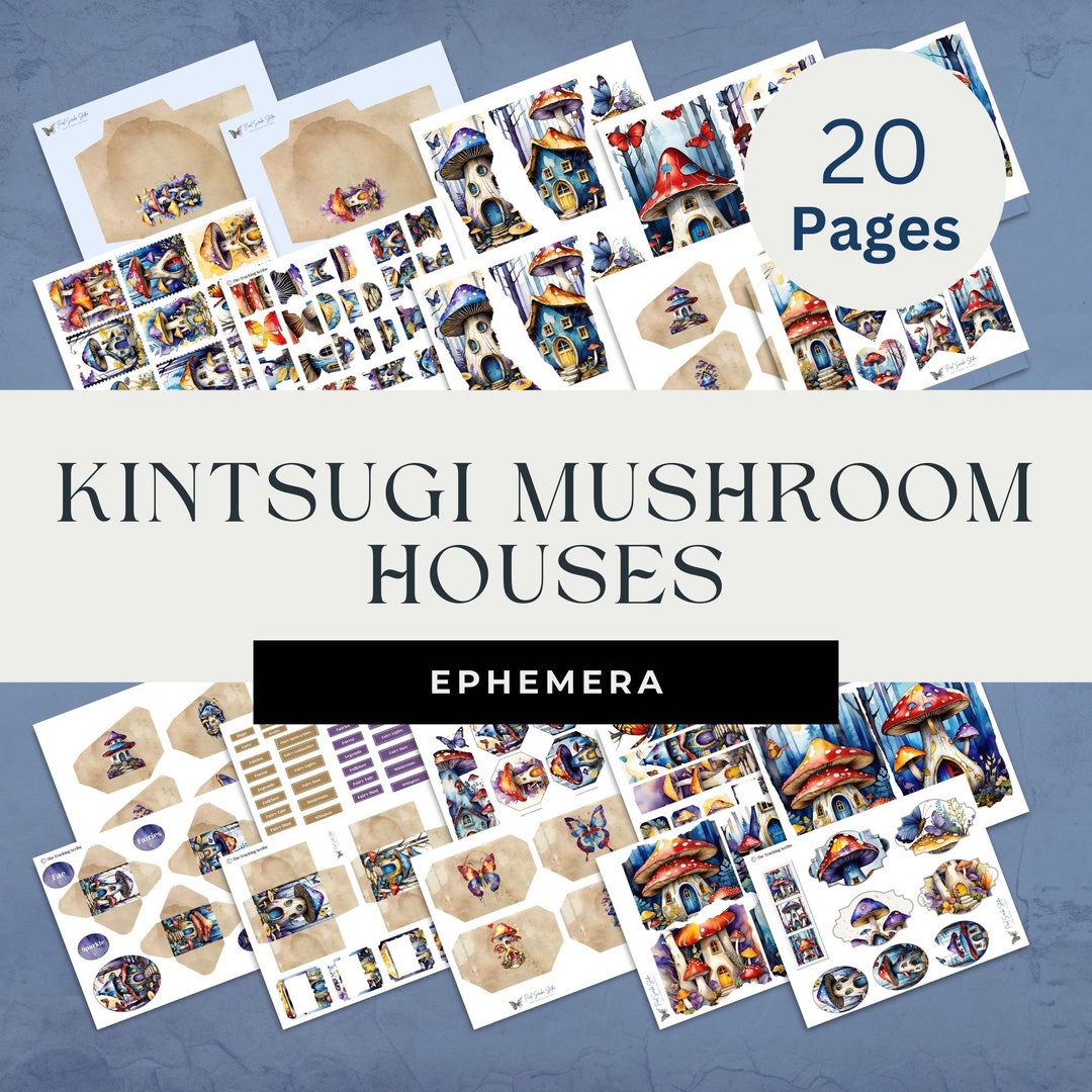 Kintsugi Mushroom Houses Digital Ephemera Collection, Purple, Blue ...