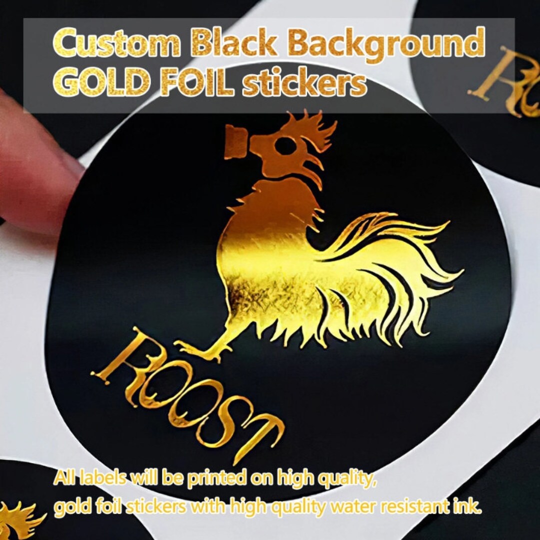 Custom Gold Metallic Stickers, Black Background Gold Foil Vinyl Sticker ...