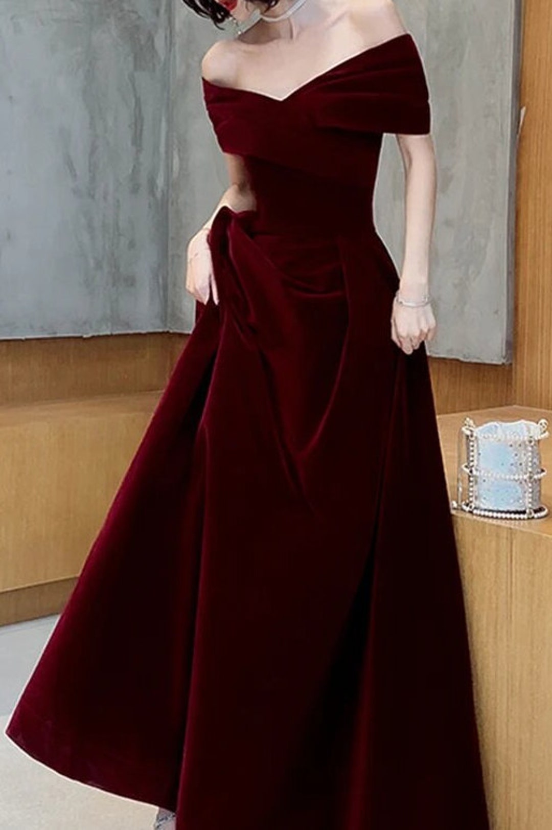 Long Luxury Elegant Wine Red Soft Velvet Evening Party Wedding Dresses ...