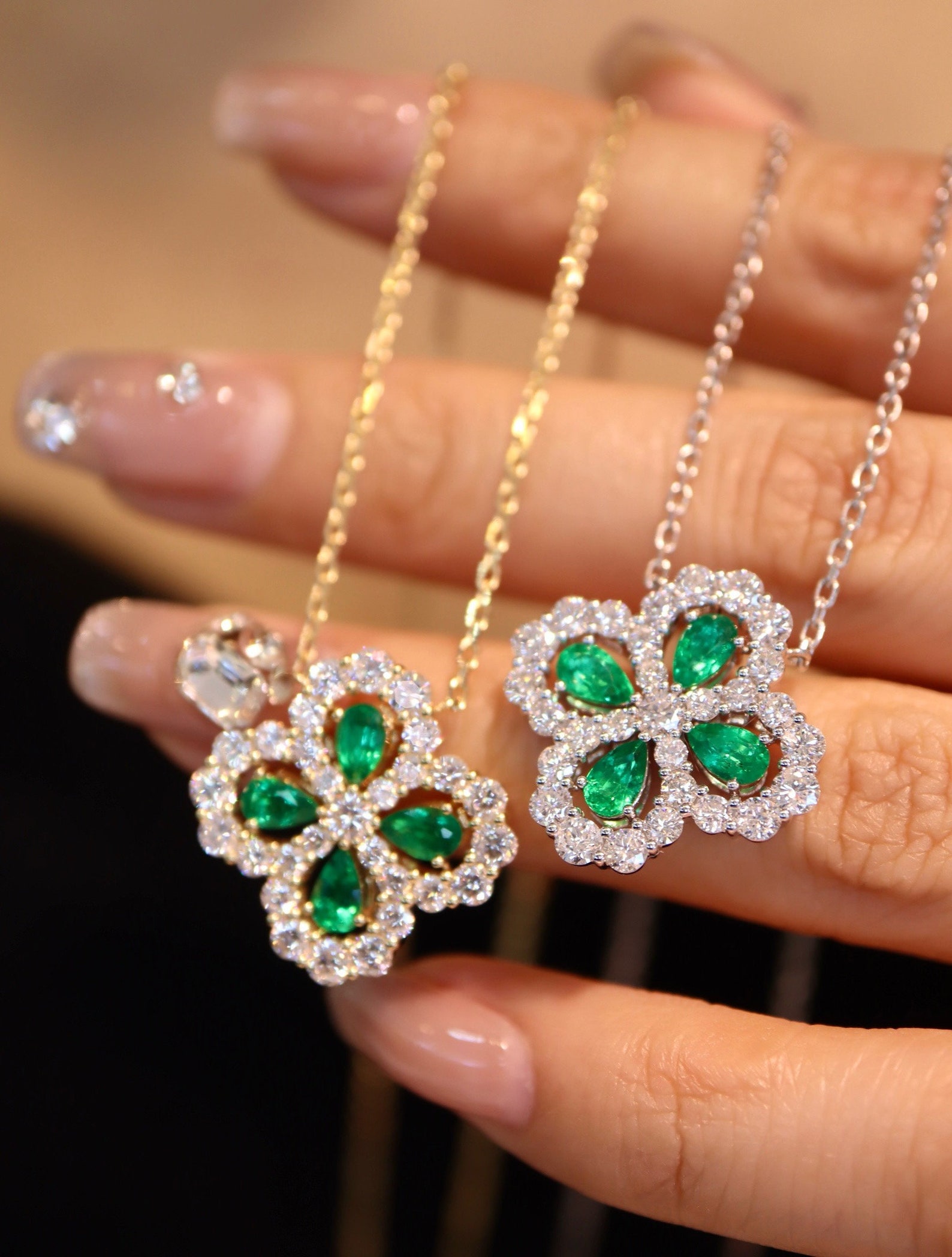 18K Gold Clover Necklace, Natural Emerald and Diamond Necklace, Petite ...