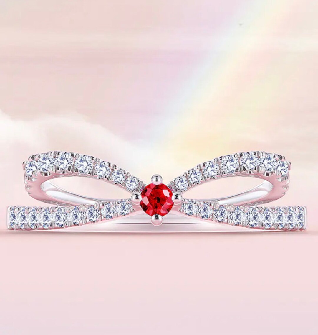 18K Gold Ruby Bow Ring: Dainty Diamond Stackable Ring - Etsy
