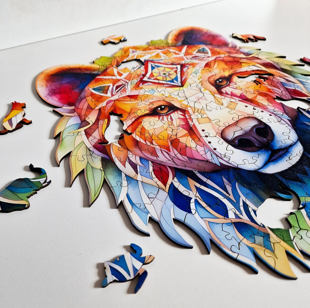 Wood Animal Picture Puzzle, Custom Bear Jigsaw Puzzle Box, Brain Teaser ...