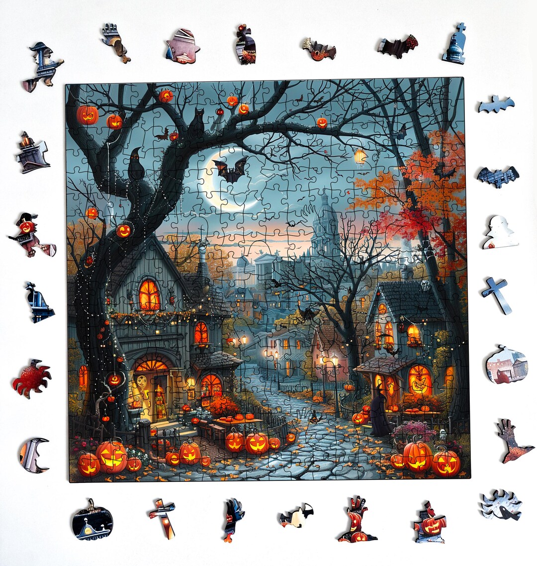 Gothic Haunted House Puzzle, Wooden Halloween Jigsaw Puzzles, Autumn ...