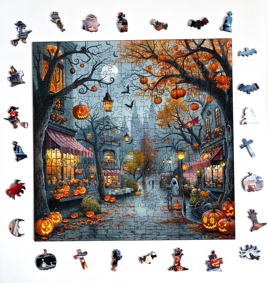 Spooky Wooden Jigsaw Puzzle, Halloween Ghost City Scene Art - Etsy