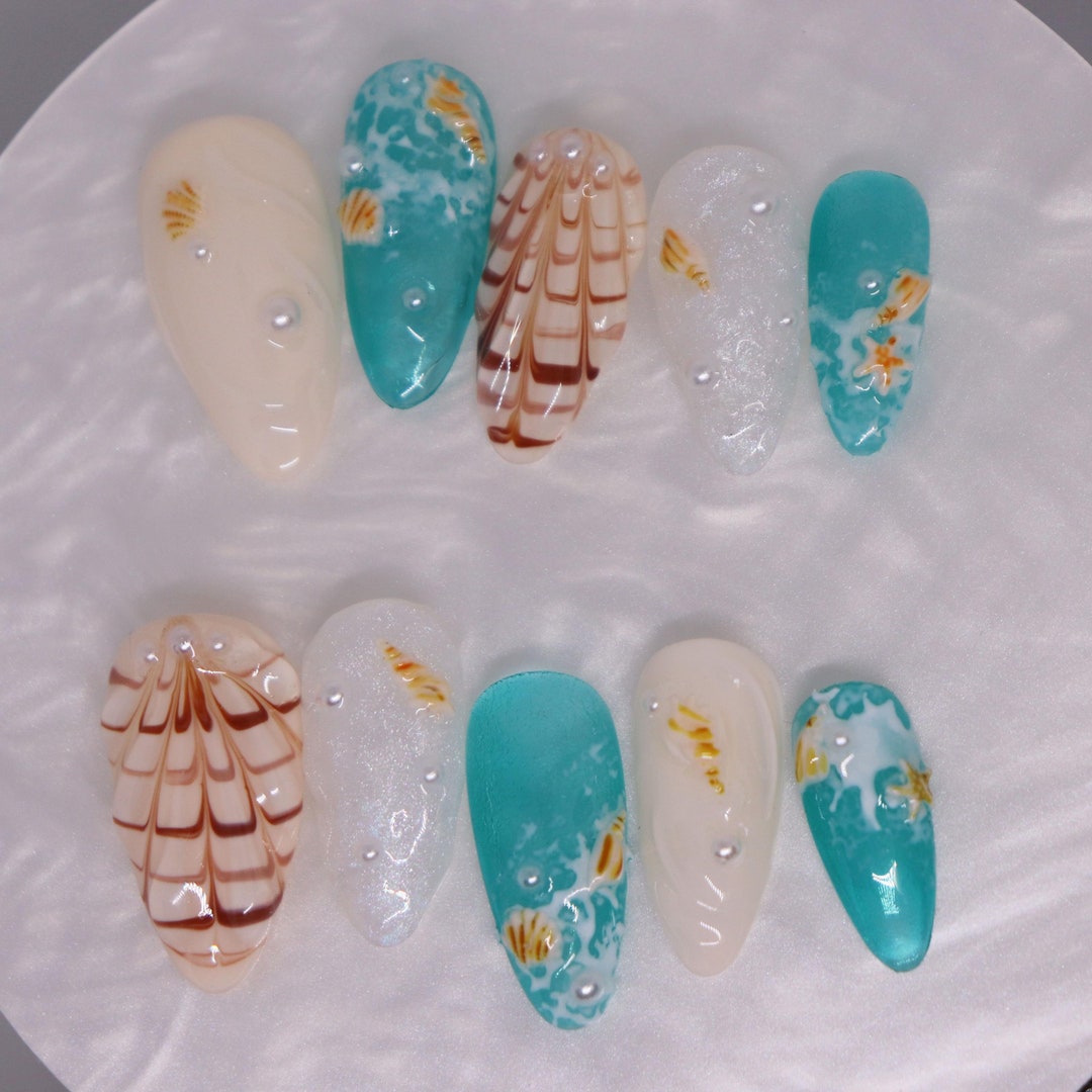 Handmade Ocean Blue Jelly Summer Press on Nails, Beach Vibes Realistic ...