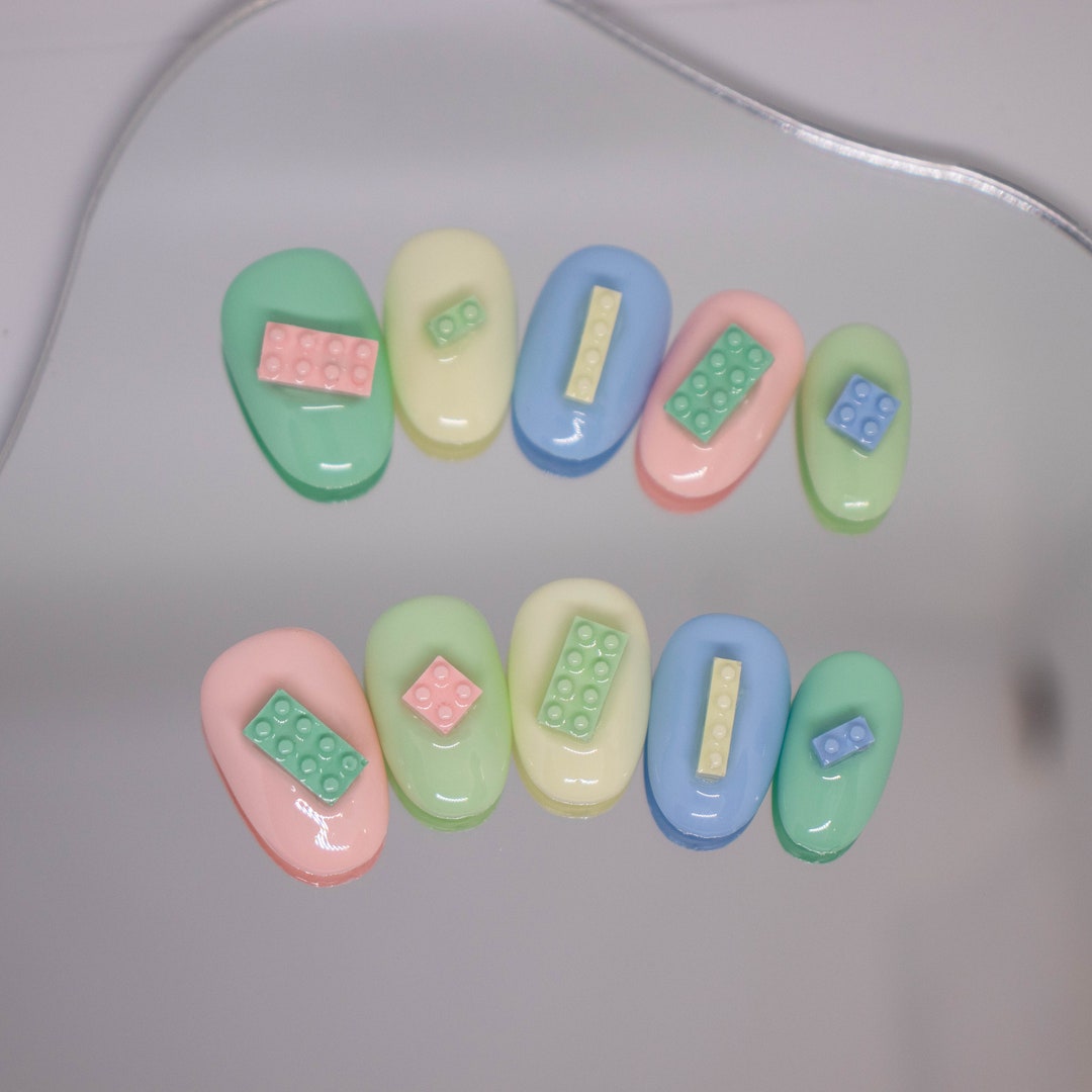 Handmade Pastel Rainbow Building Blocks Press on Nails, Reusable Quirky ...
