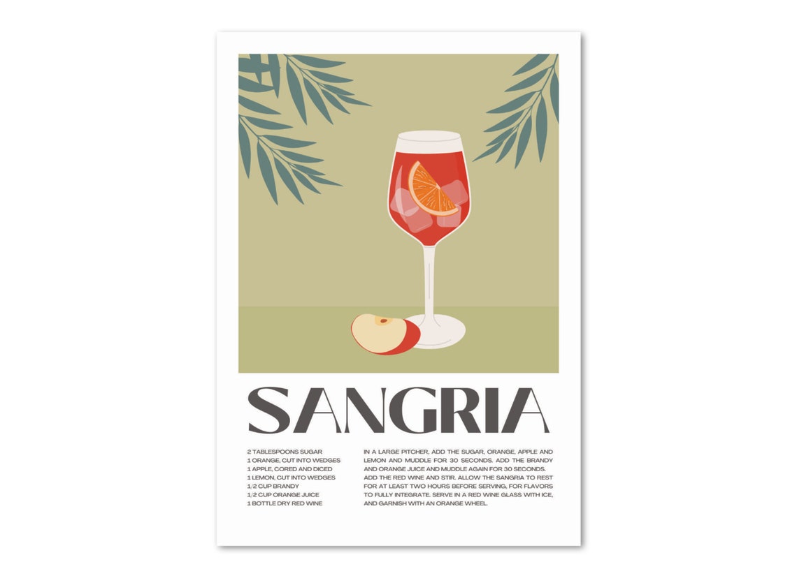 Sangria Cocktail Poster | Cocktail Recipe Print | Wall Art | Bar Gift ...
