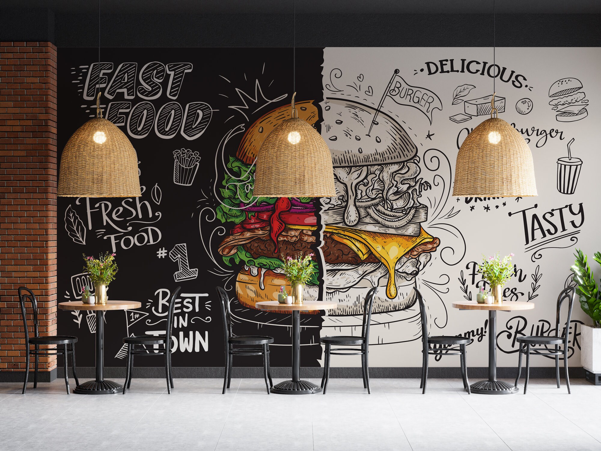 Customizable Fast Food Restaurant Wallpaper Hamburger Stylish Cafe Wall ...