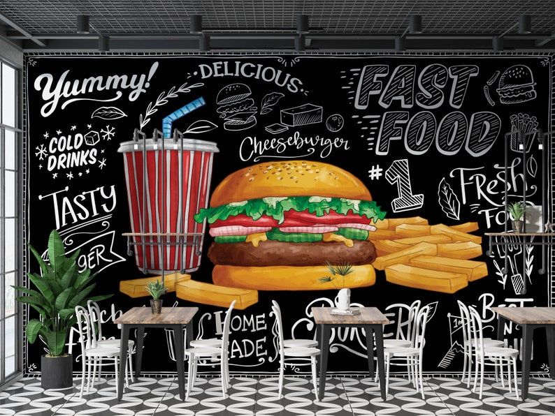 Customizable Fast Food Restaurant Wallpaper , Peel and Stick Hamburger ...