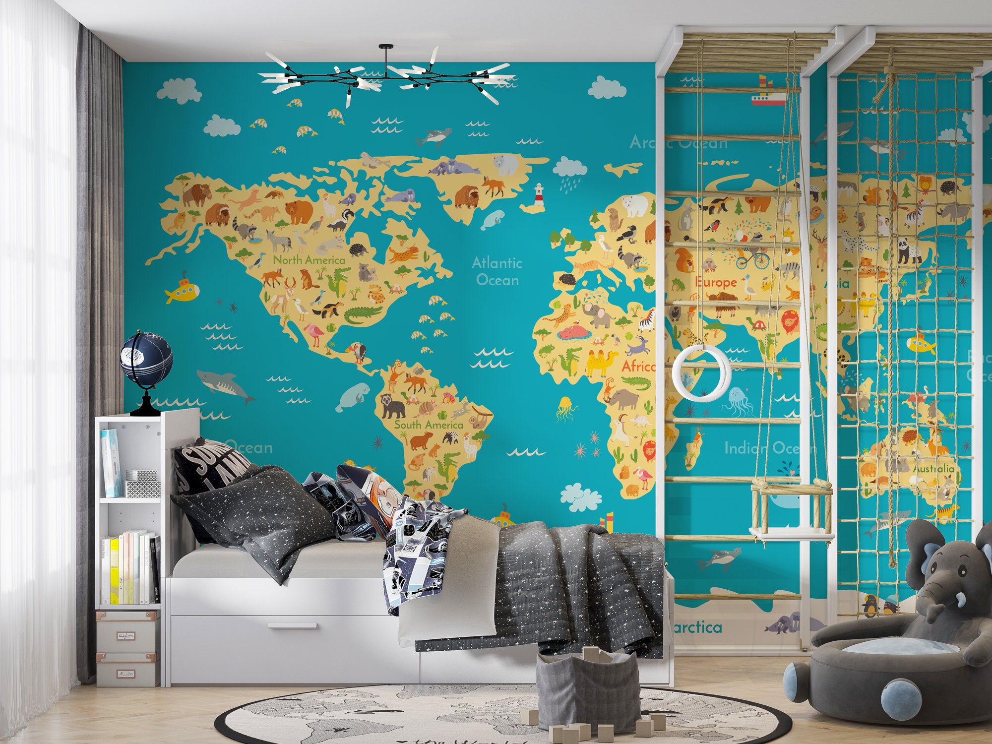 Nursery Room Wallpaper With Animal Map , Kids Room Map Themed Wallpaper ...