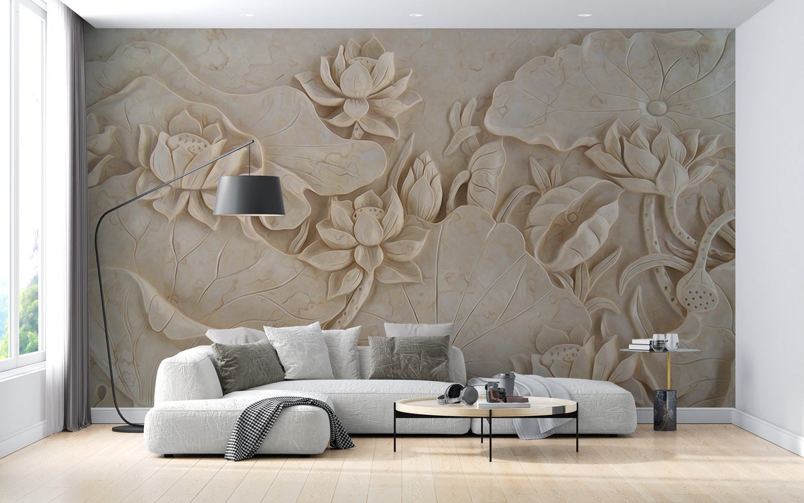 Embossed Look 3D Floral Wallpaper , Livingroom Wall Decor 3D Style ...