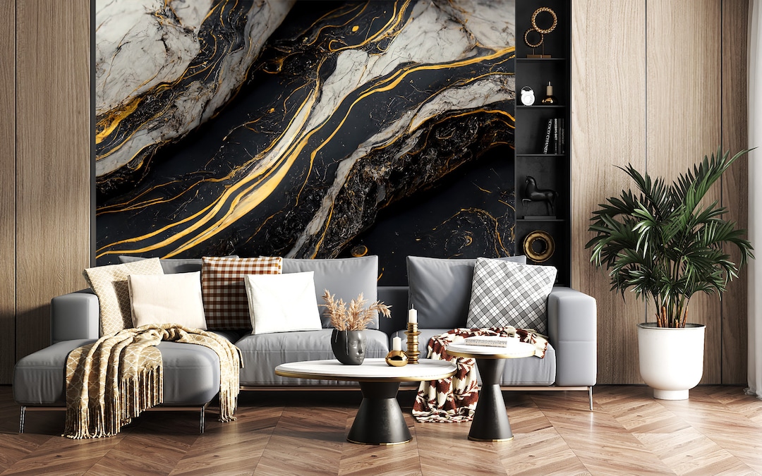 Realistic Marble Look Wallpaper Peel and Stick Black Golden Marble ...
