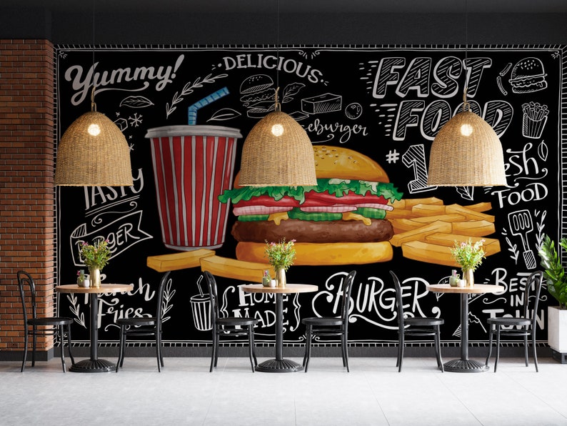 Customizable Fast Food Restaurant Wallpaper , Peel and Stick Hamburger ...
