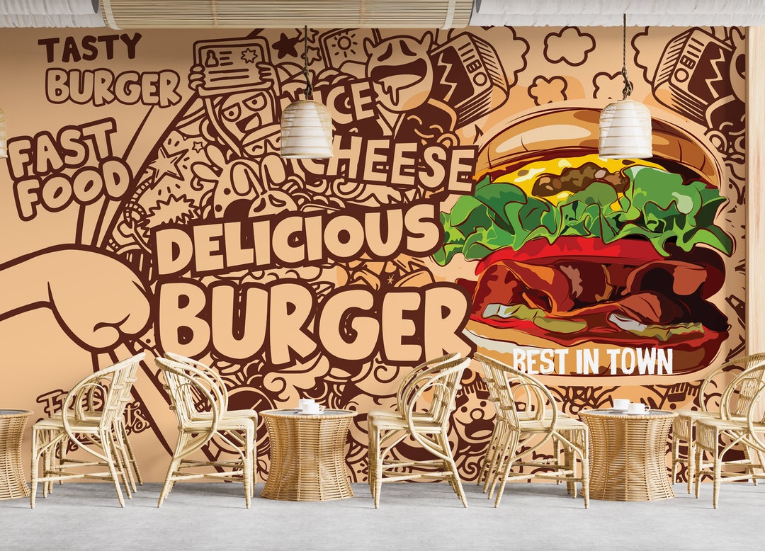 Customizable Fast Food Restaurant Wallpaper - Hamburger Stylish Wall ...