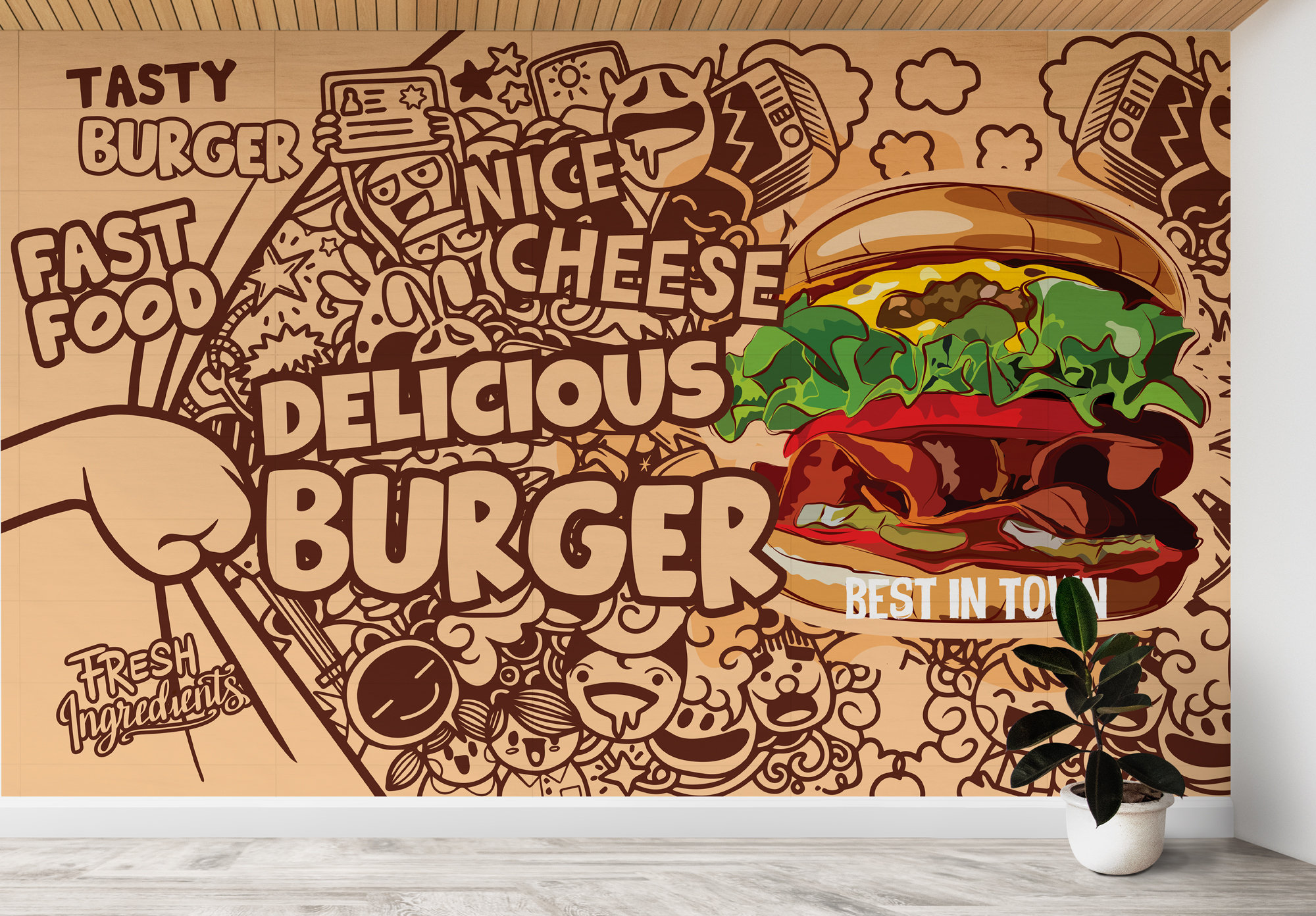 Customizable Fast Food Restaurant Wallpaper Hamburger Stylish Wall ...