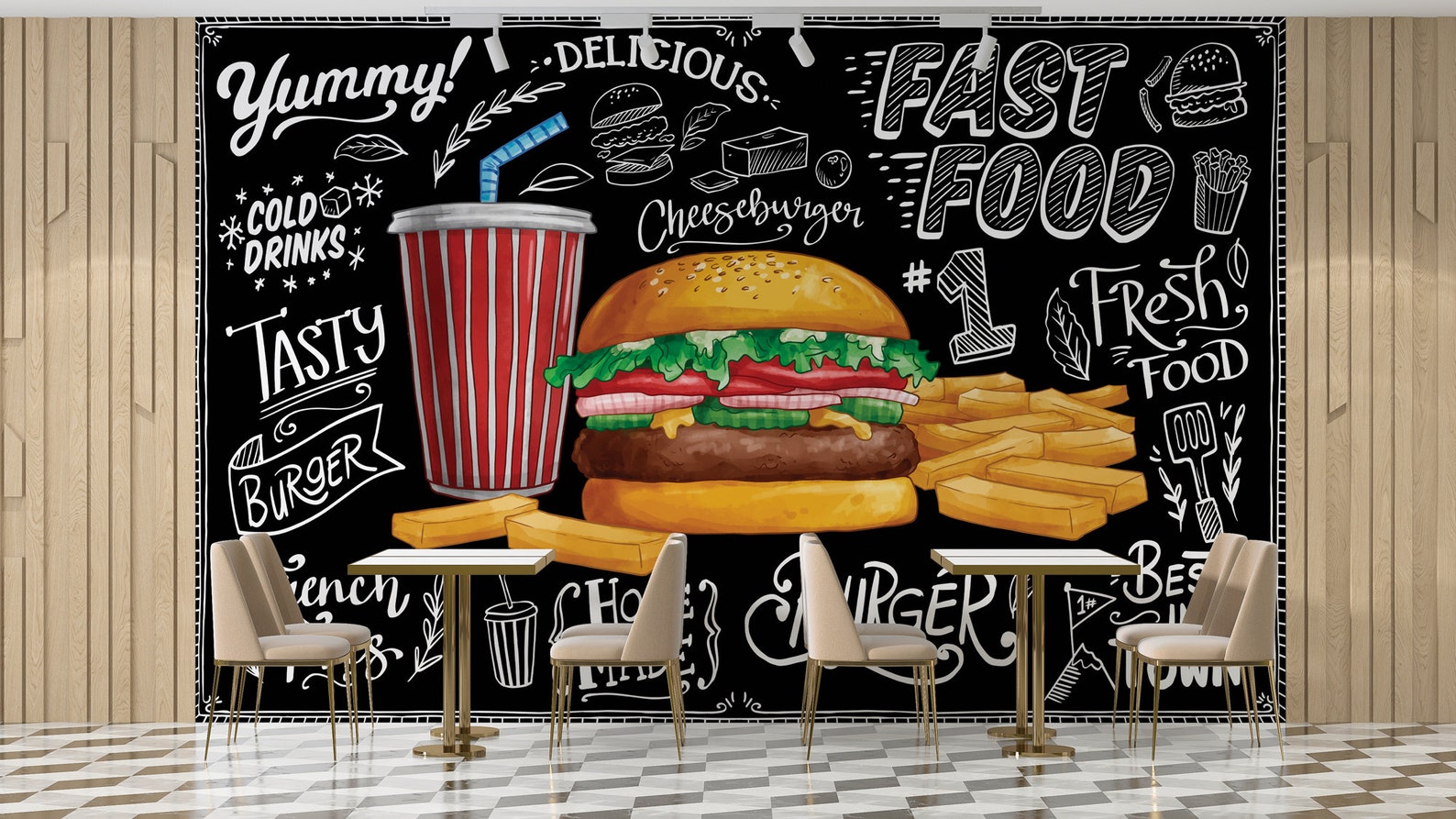 Customizable Fast Food Restaurant Wallpaper , Peel and Stick Hamburger ...