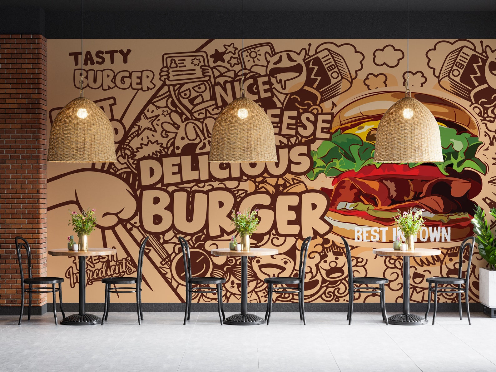 Customizable Fast Food Restaurant Wallpaper Hamburger Stylish Wall ...