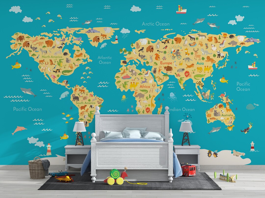 Nursery Room Wallpaper With Animal Map , Kids Room Map Themed Wallpaper ...