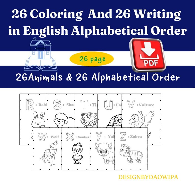 Alphabet Coloring Pages: 26 Animals, ABC Practice (PDF Pattern) - Etsy