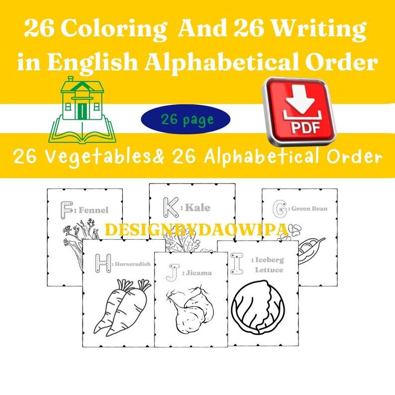 Alphabet Coloring Pages: 26 Printable Vegetable Designs (PDF) - Etsy