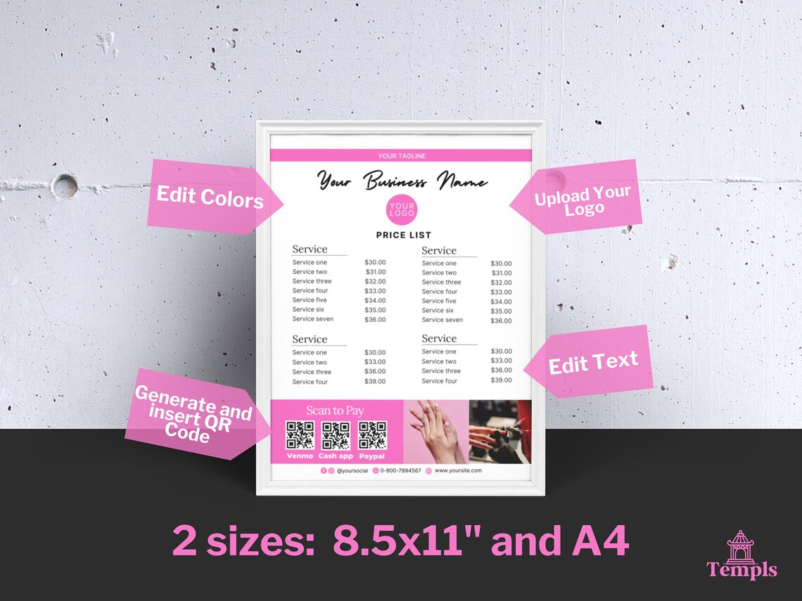 Pink Price List Template Editable and Printable in Canva - Etsy