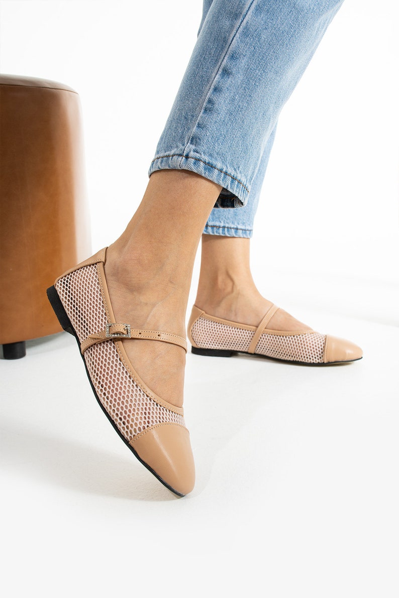 Beige Fishnet Detailed Ballet Flats, Toe Shoes, Women's Casual Flat ...