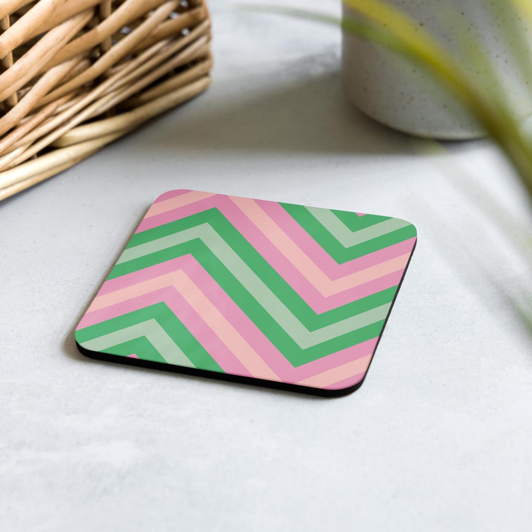 Glimmer & Hex Coaster 1 Edgy Pink and Green Zig-zag Cork-back Waterproof and Heat-resistant ...