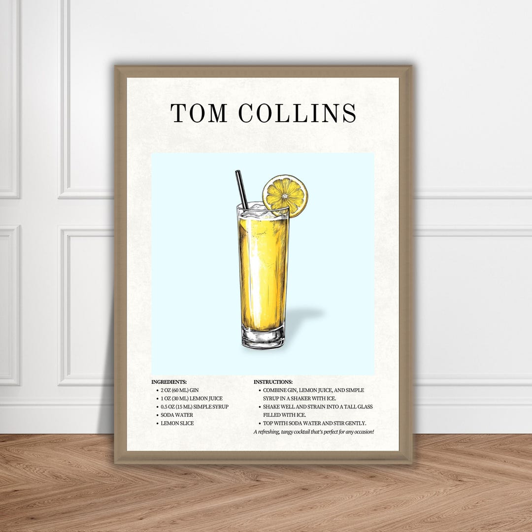 Tom Collins Cocktail Poster Classic Gin Drink Recipe Wall Art, Bar ...