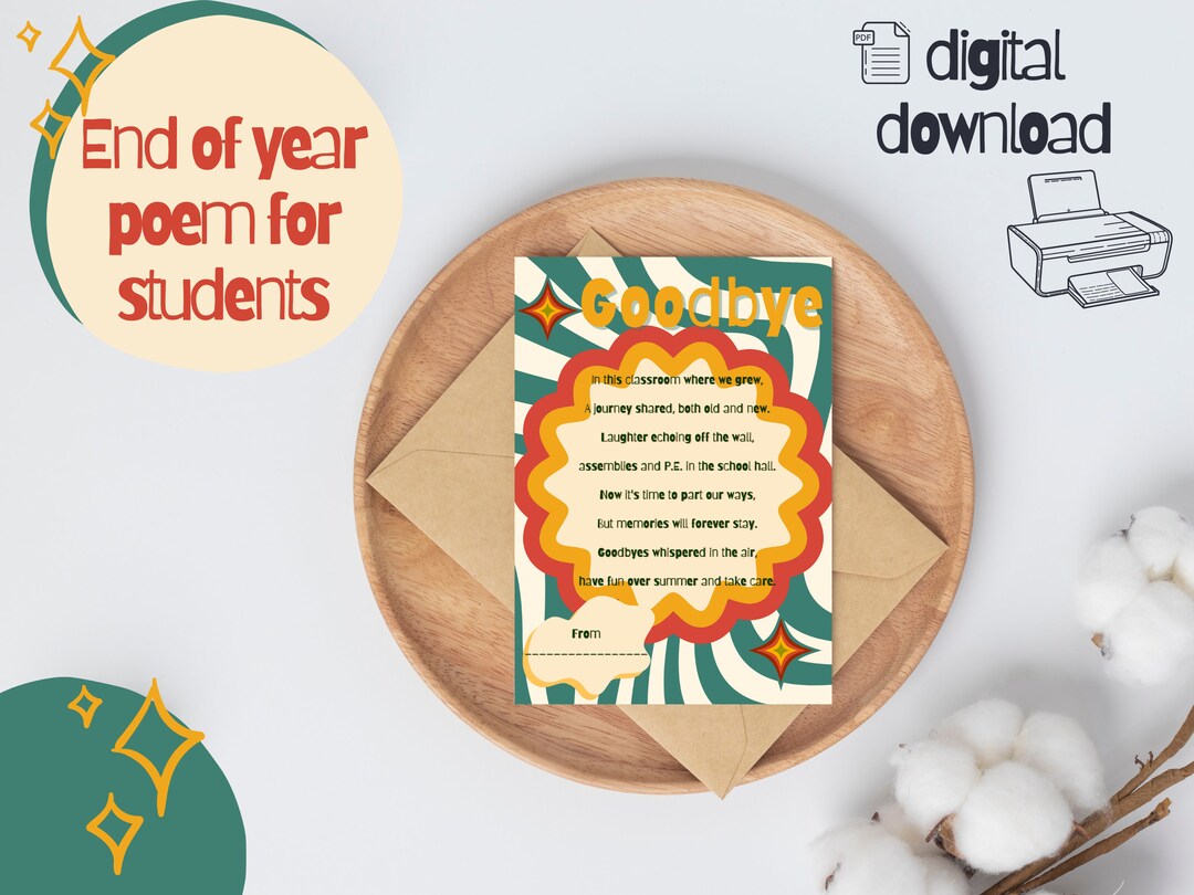 DIGITAL End of Year Poem From Teacher to Student, Student Gift, Goodbye ...