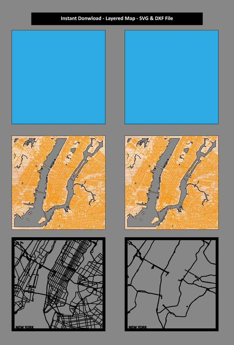 SVG DXF - 3D Laser Cut Map of New York - Multilayer Map Decoration ...