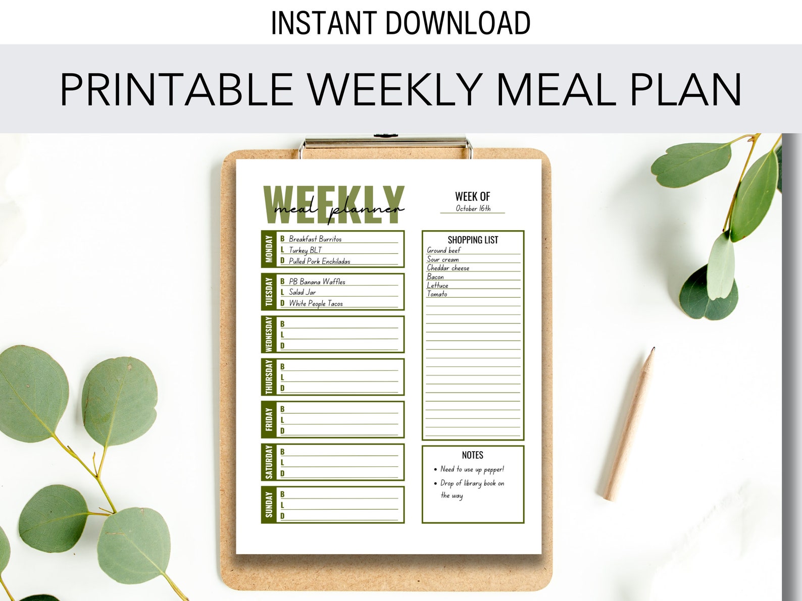 Weekly Meal Plan and Grocery List Printable | Weekly Meal Planner and ...