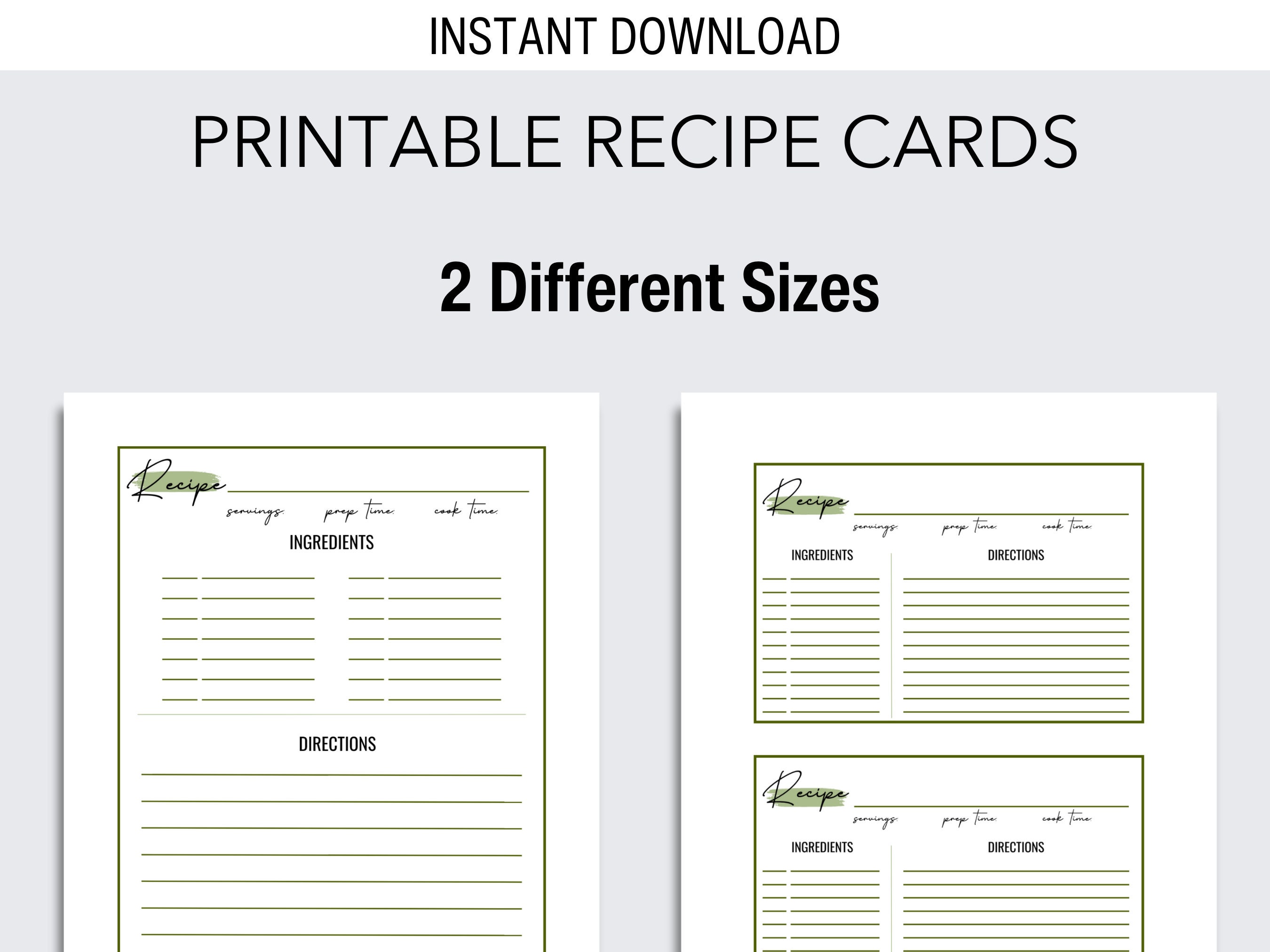 Printable Recipe Cards | Two Different Recipe Card Sizes | Small and ...