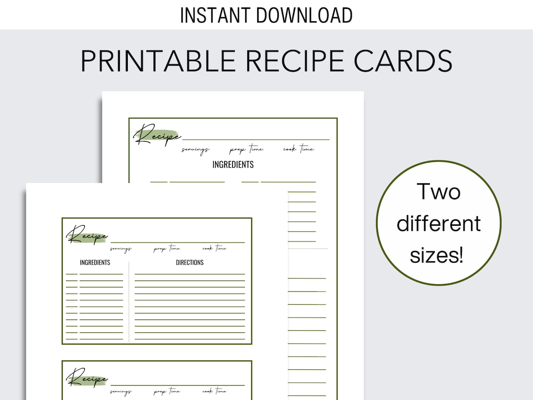 Printable Recipe Cards | Two Different Recipe Card Sizes | Small and ...