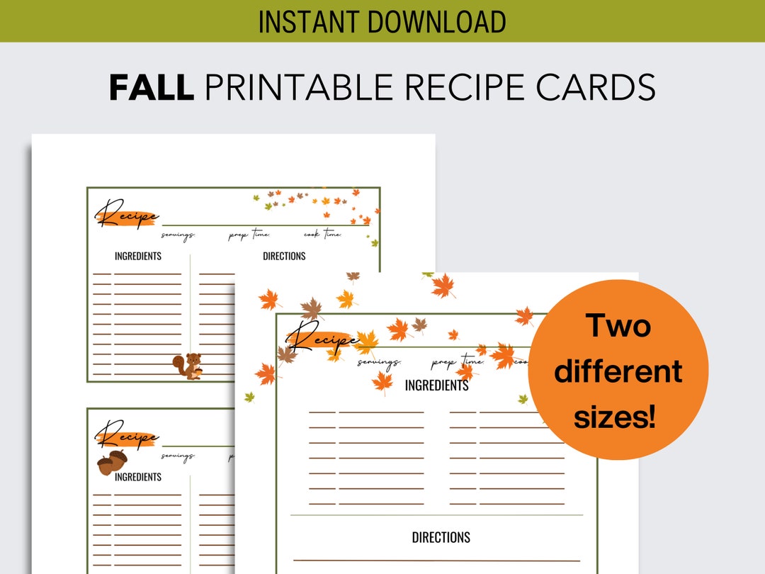 Fall Recipe Cards, 2 Different Sizes Printable Fall-themed Recipe Cards ...