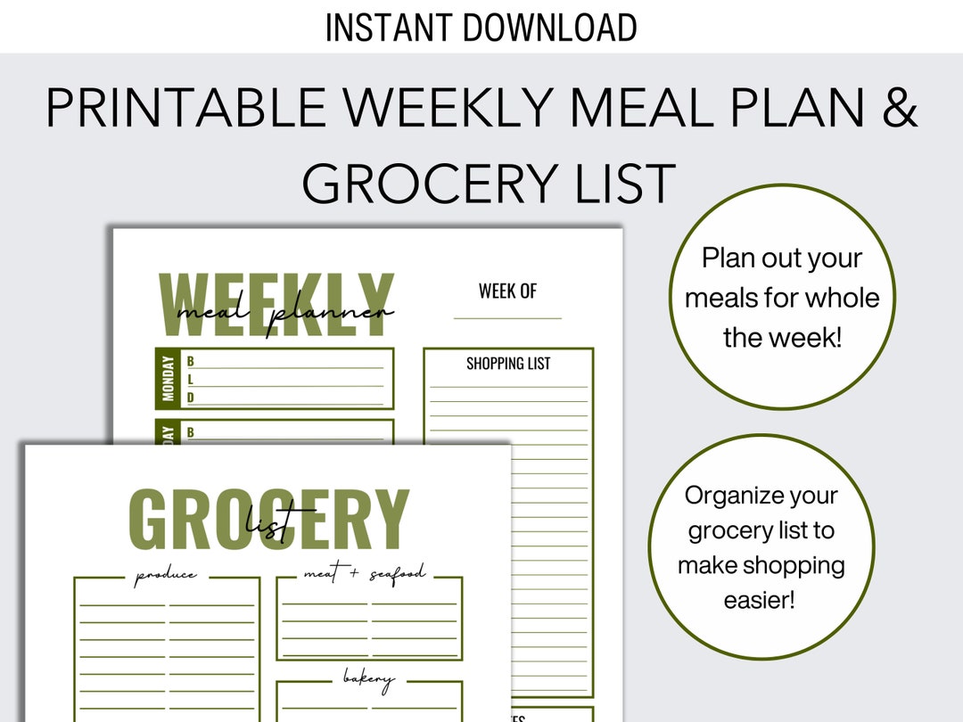 Weekly Meal Plan and Grocery List Printable | Weekly Meal Planner and ...