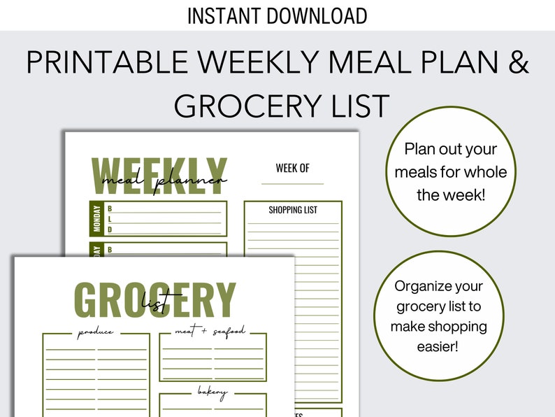Weekly Meal Plan and Grocery List Printable | Weekly Meal Planner and ...