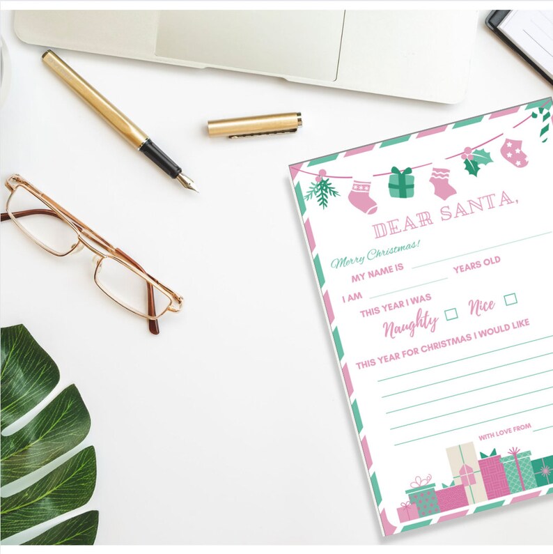 Printable Letter for Santa Pink Digital Download Festive Christmas Wish ...