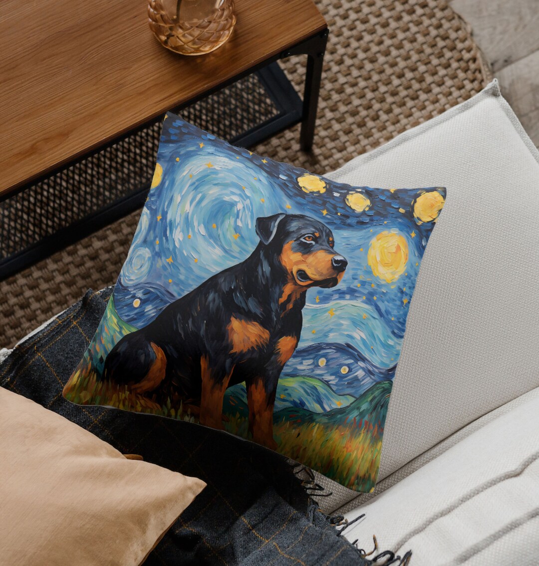 Rottweiler Starry Night Pillow, Van Gogh Inspired Cushion, Dog ...