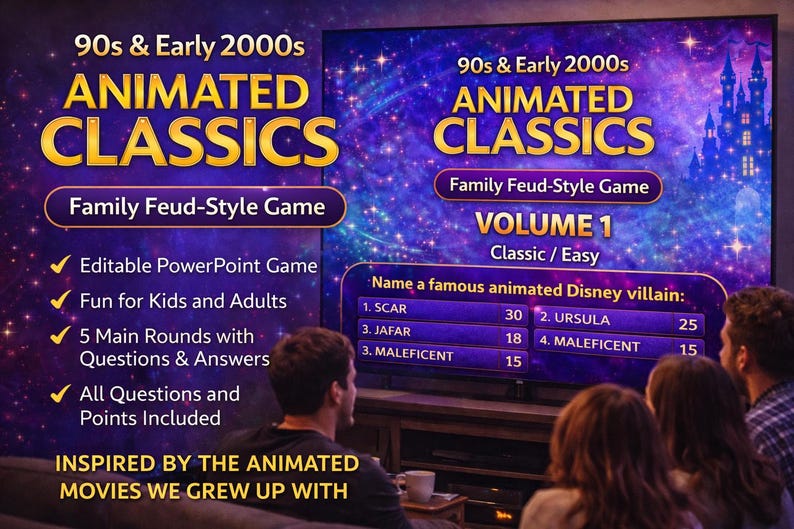 90s & Early 2000s Animated Classics Family Feud Game | Disney Era Party ...