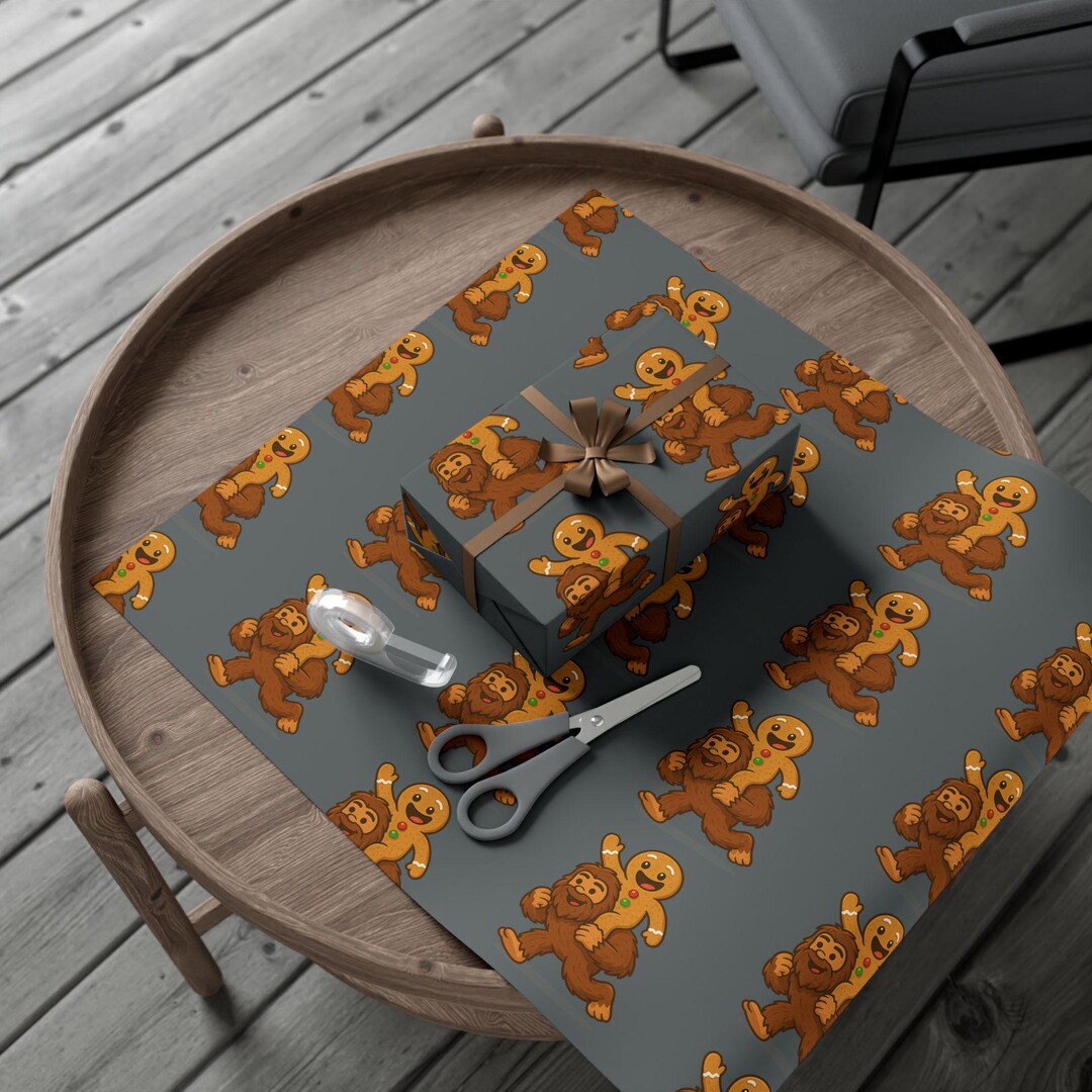 Gingerbread Bigfoot Pattern Gift Wrap | Holiday Wrapping Paper, Grey ...