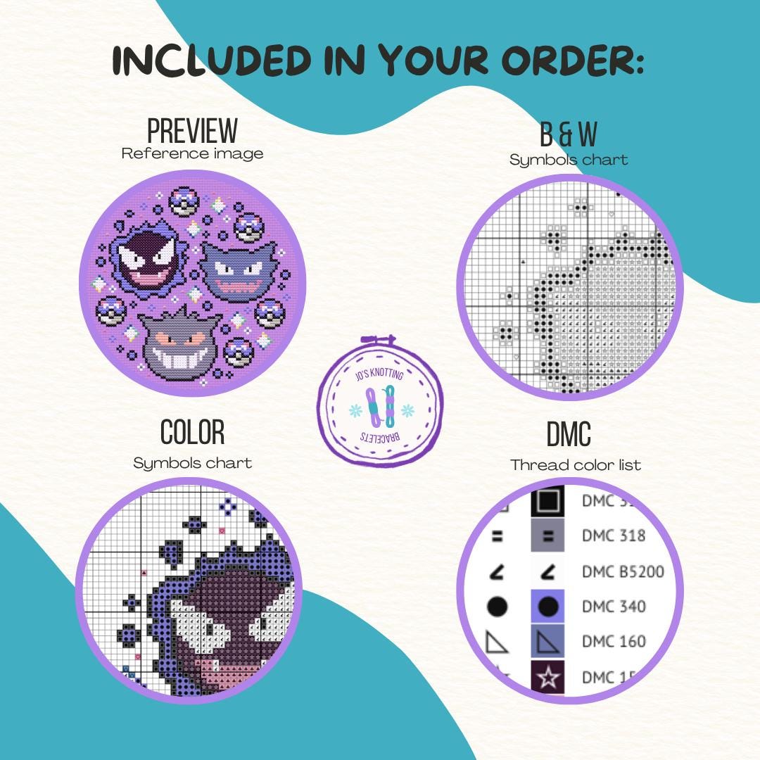 Gastly Haunter Gengar Evolution Cross Stitch Pattern Chart Easy Pokémon ...