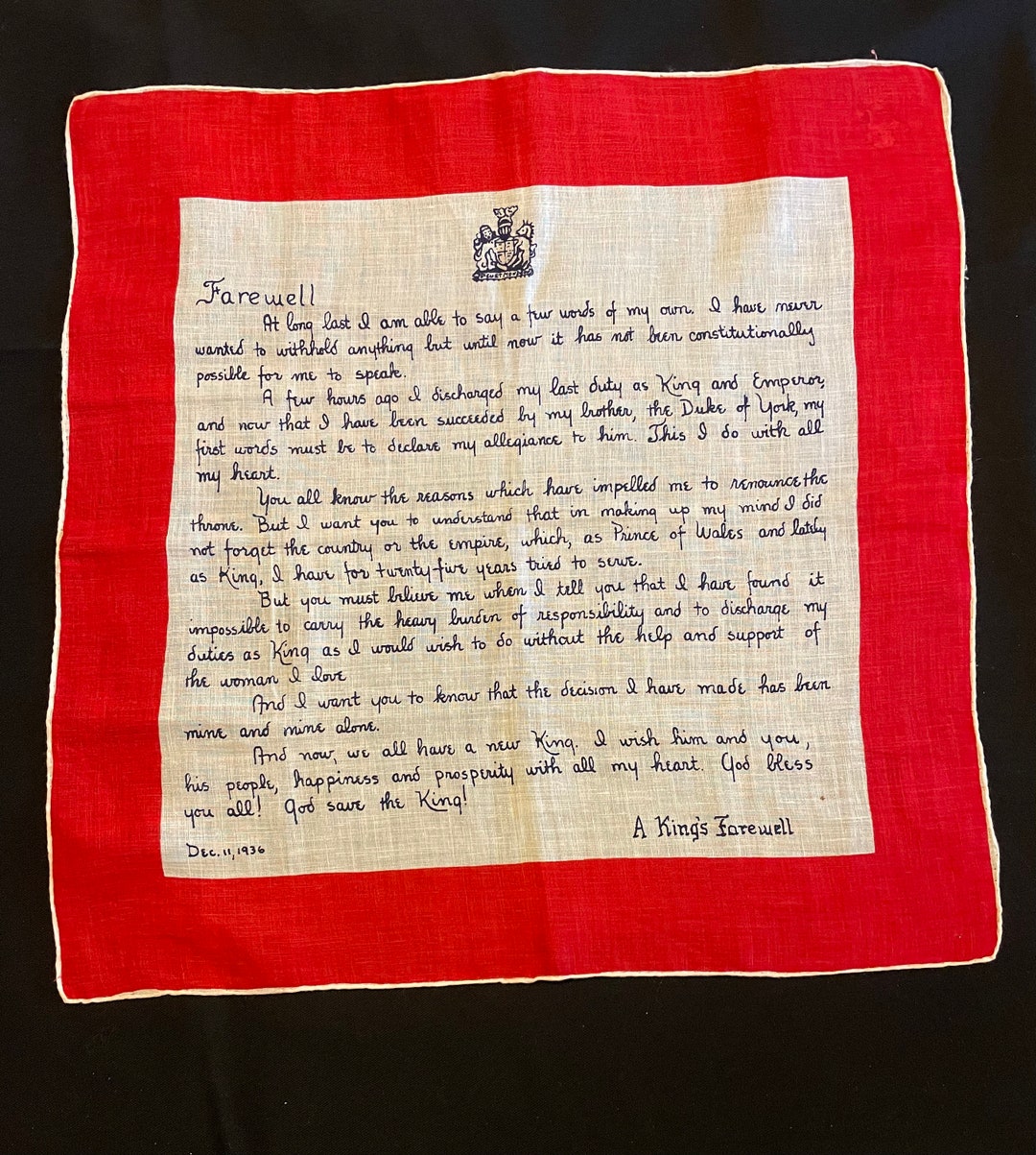 Vintage Souvenir King’s Farewell Handkerchief - Etsy