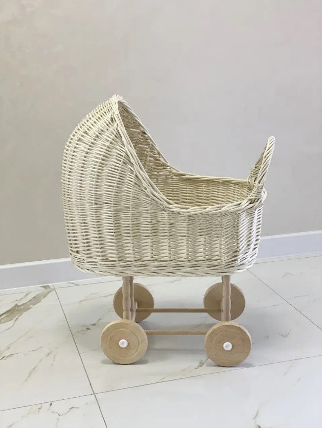 White Wicker Doll Pram Baby Carriage on Wheels Handmade Doll Stroller ...