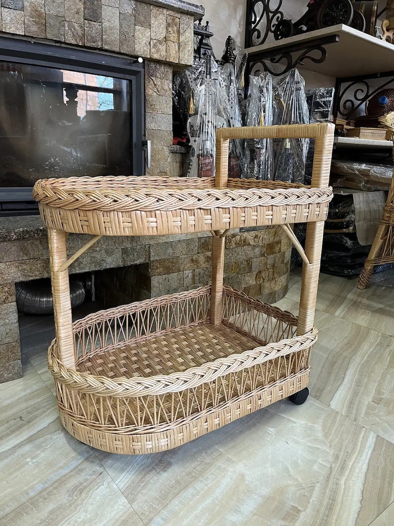 Wicker Bar Table Rattan Bar Cart Rattan Coffee Table Rolling Storage ...