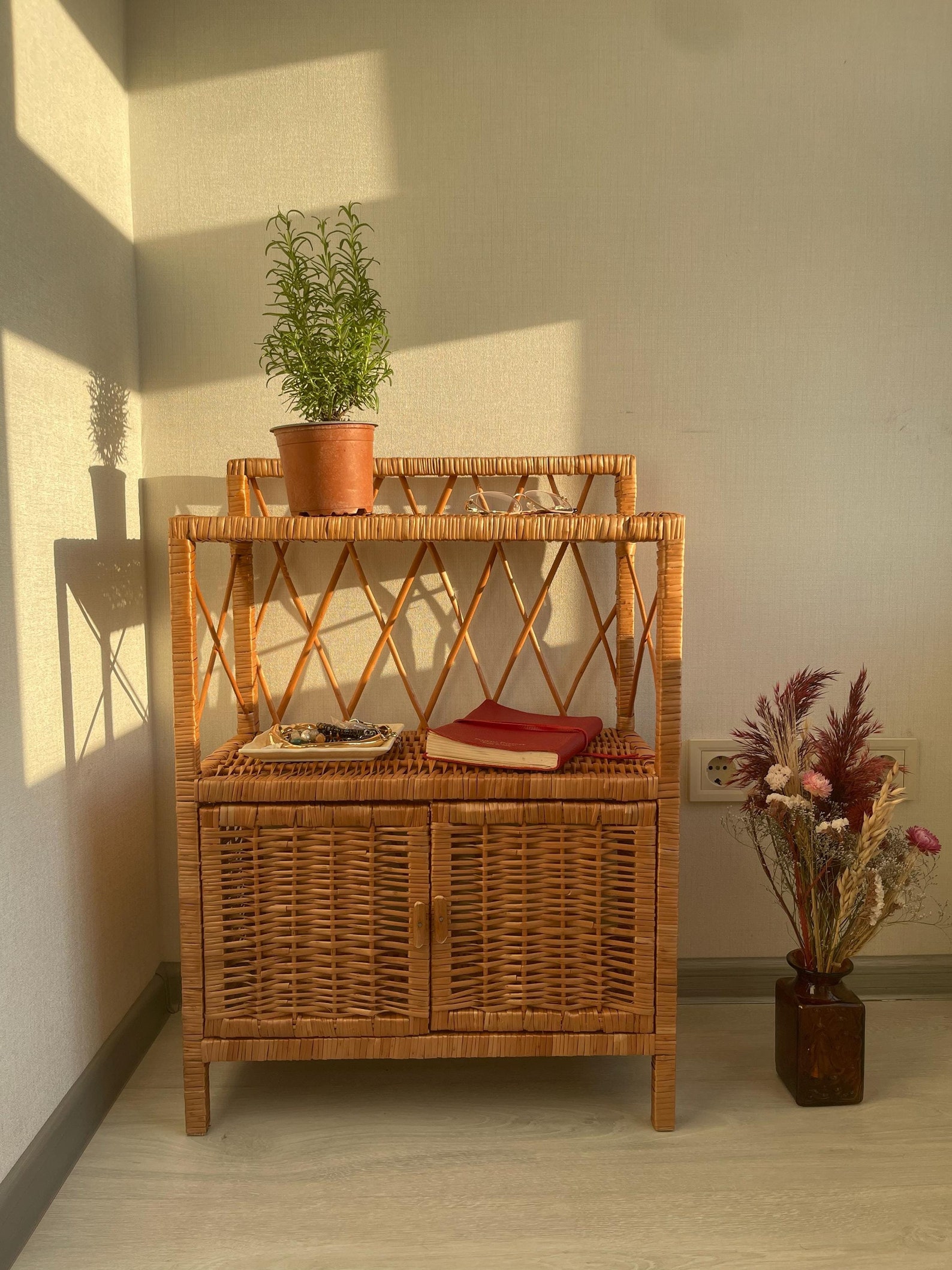 Wicker Small Cabinet With Doors Ecofriendly Bedside Table Rattan Night ...