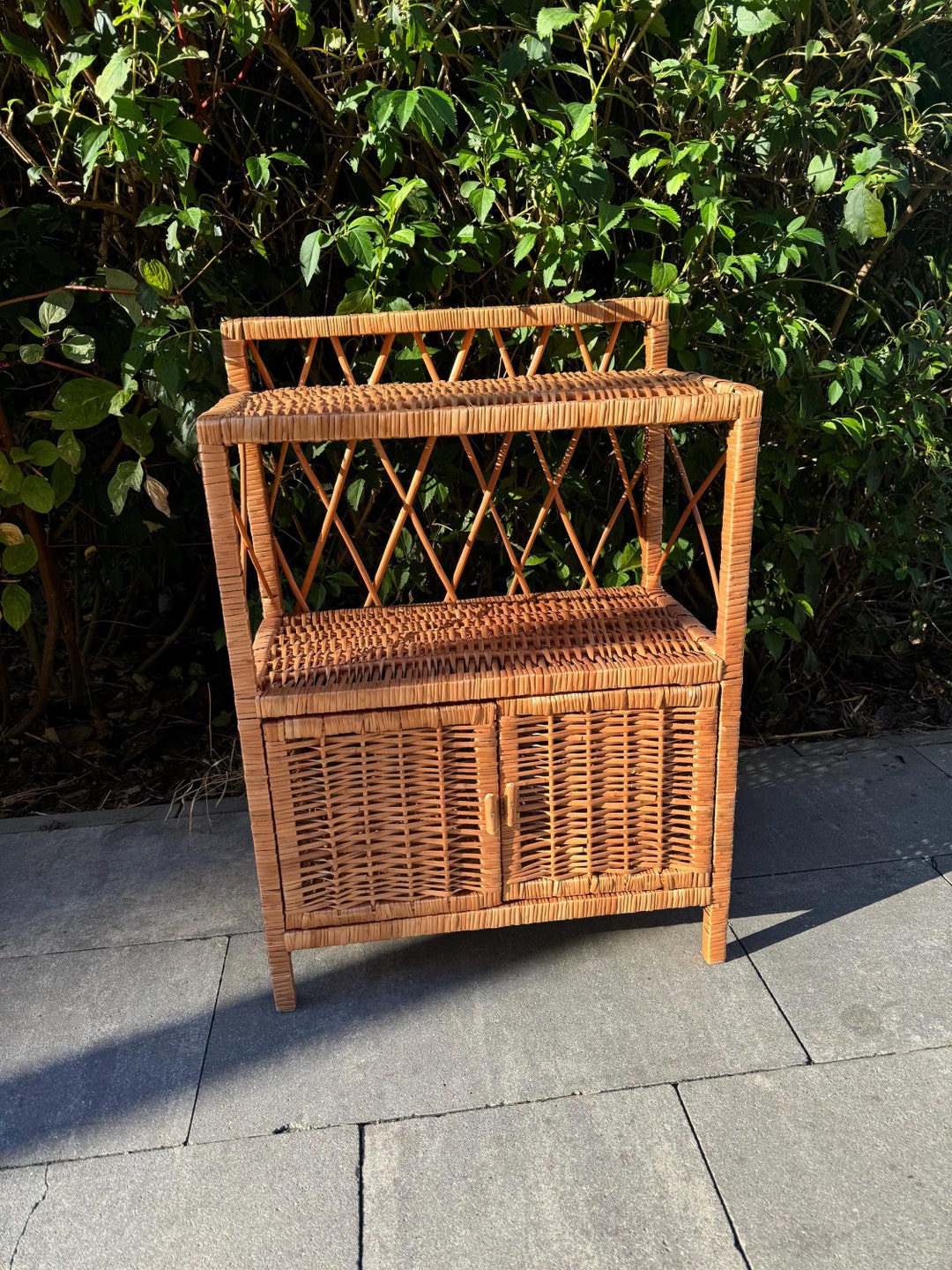 Small Wicker Cabinet With Doors Rattan Nightstand Bedside Table Shelf ...