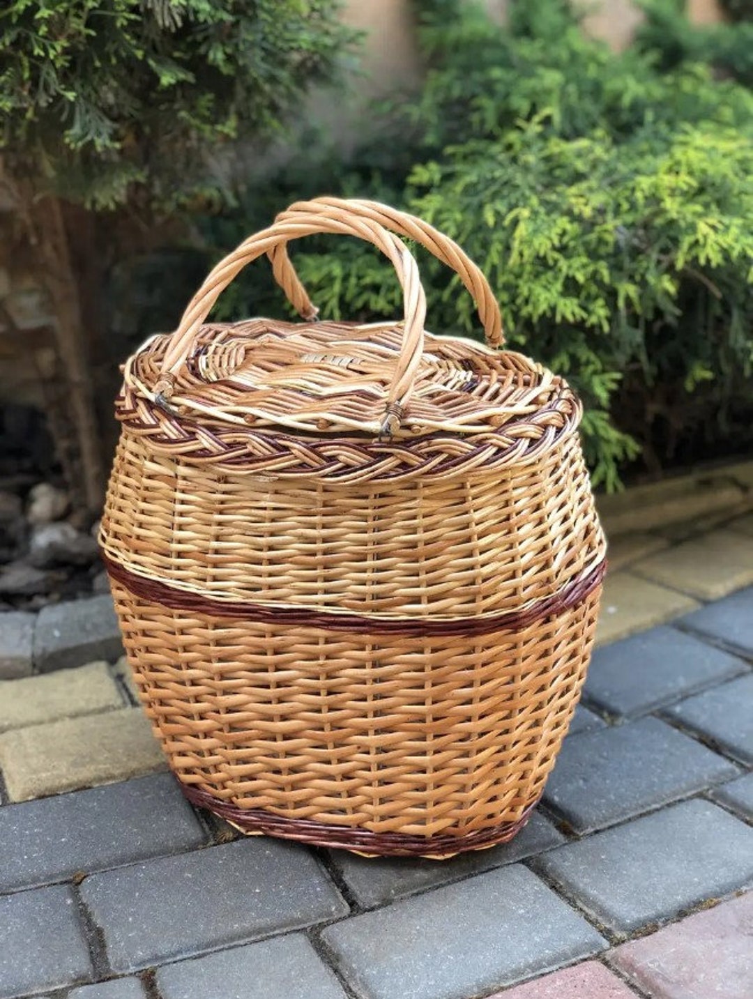 Wicker Basket With Handle Handmade Mushroom Basket Rustic Storage ...